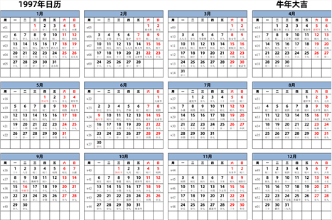 1997年日历表 日历表1997年日历全年 无农历 无周数 周日开始 - 在线网页版 - 日历精灵